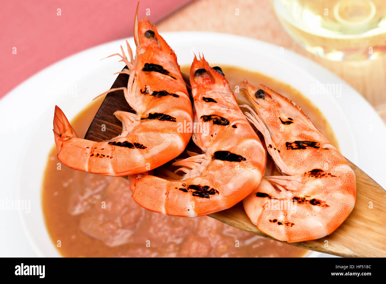 Langostinos a la Plancha, Grilled prawns & Romesco sauce Stock Photo ...