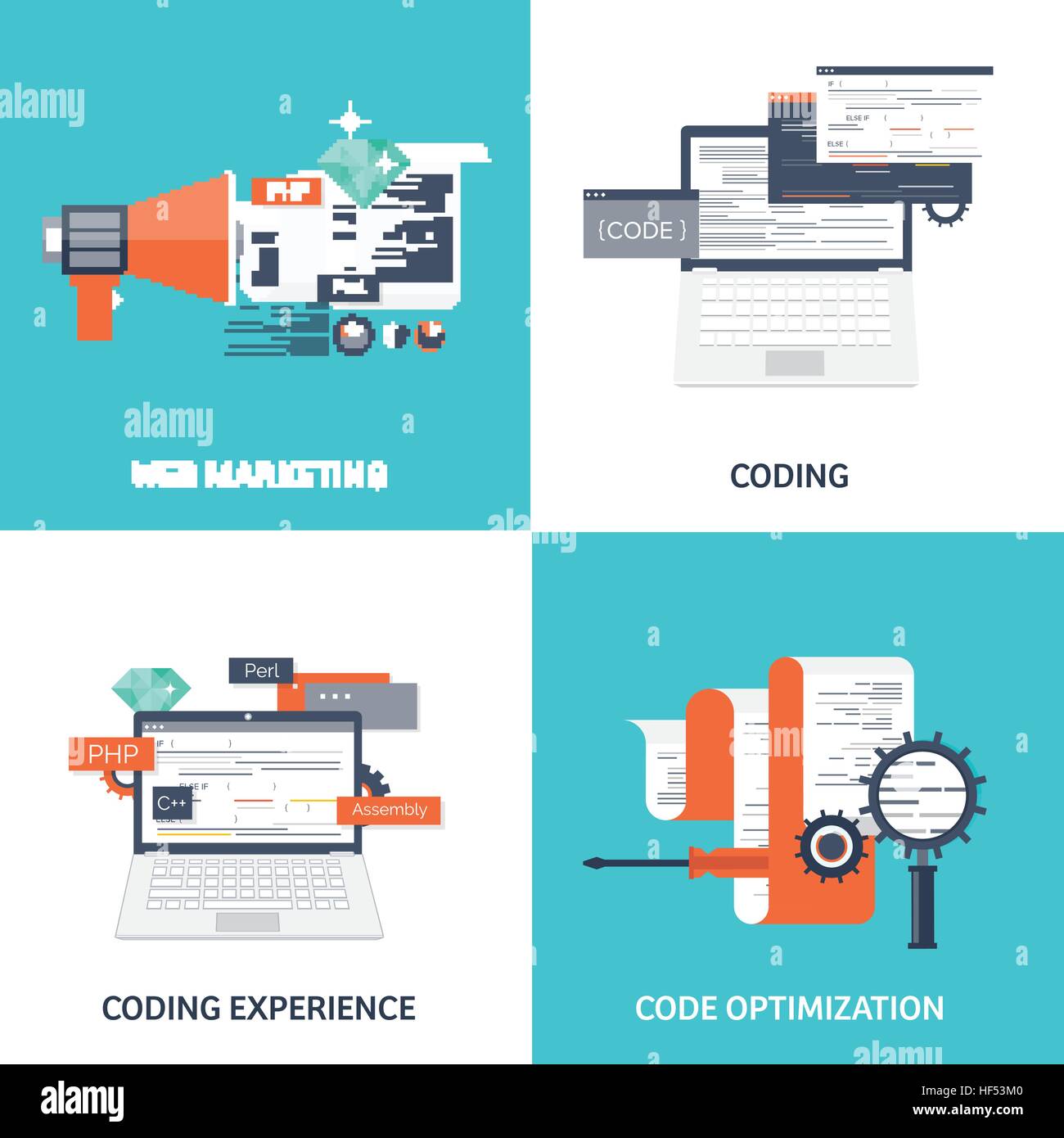 Vector illustration. Flat background. Coding, programming. SEO. Search engine optimization. App ...