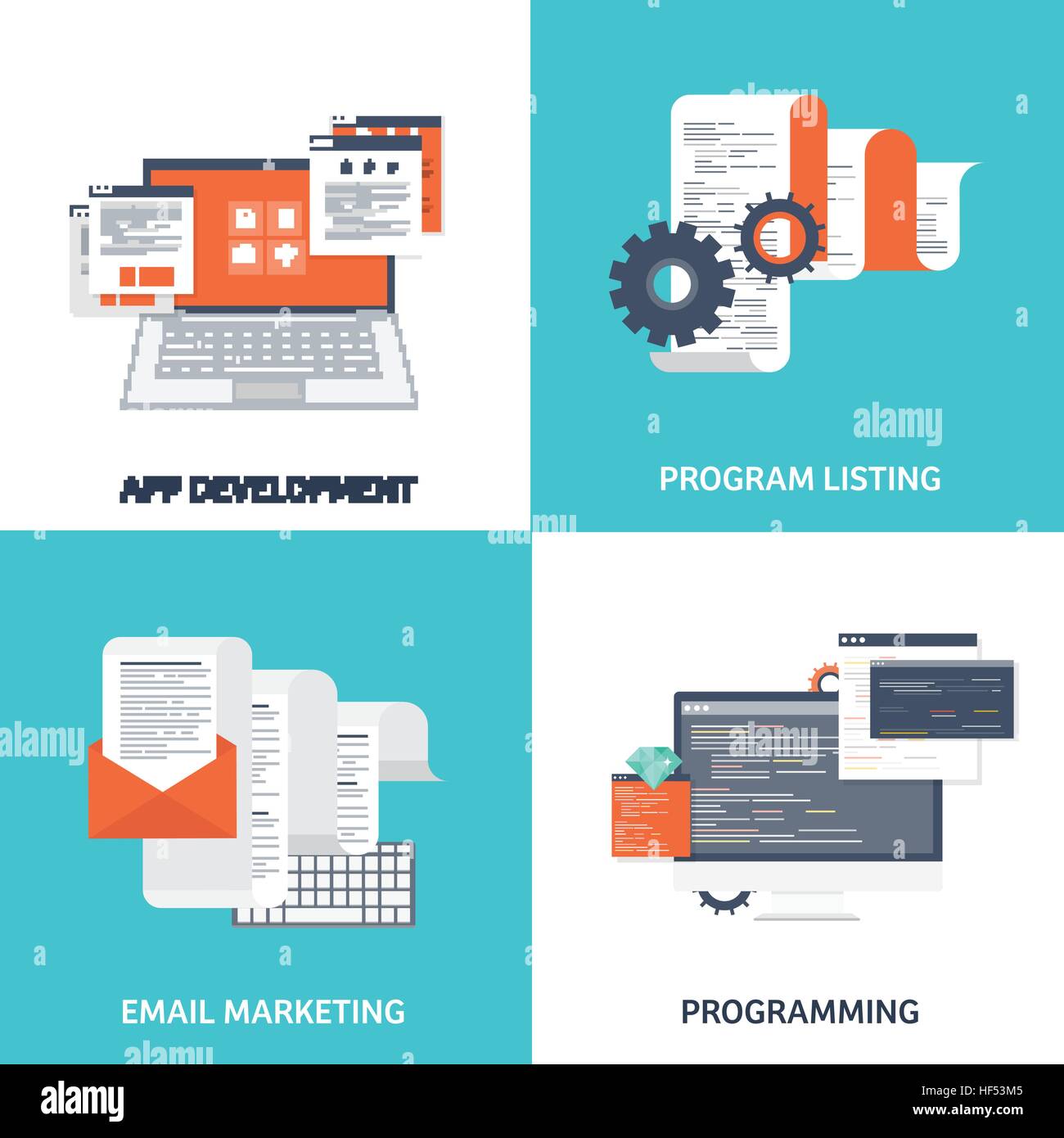 Vector illustration. Flat background. Coding, programming. SEO. Search engine optimization. App ...