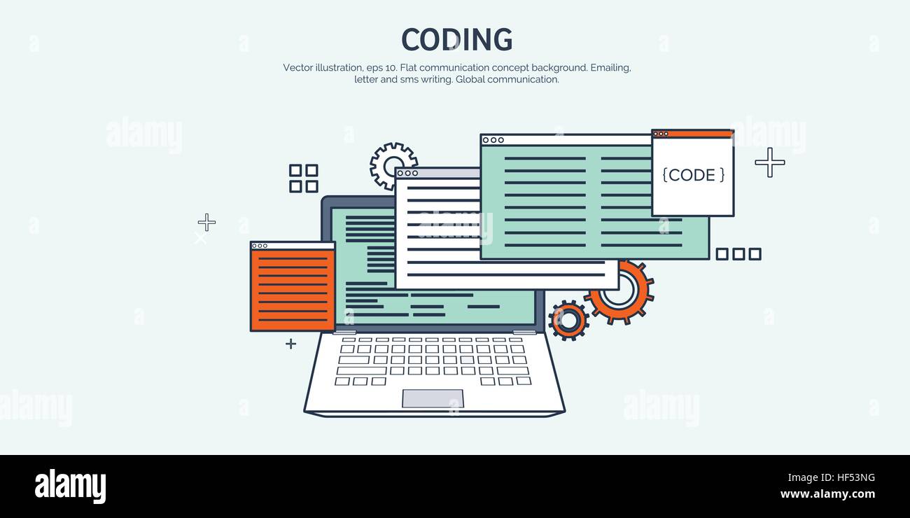 Vector illustration. Flat background. Coding, programming. SEO. Search engine optimization. App ...