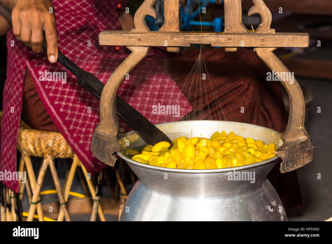 Silk Reeling Process by hand, Cocoon in the boiled water Stock Photo ...