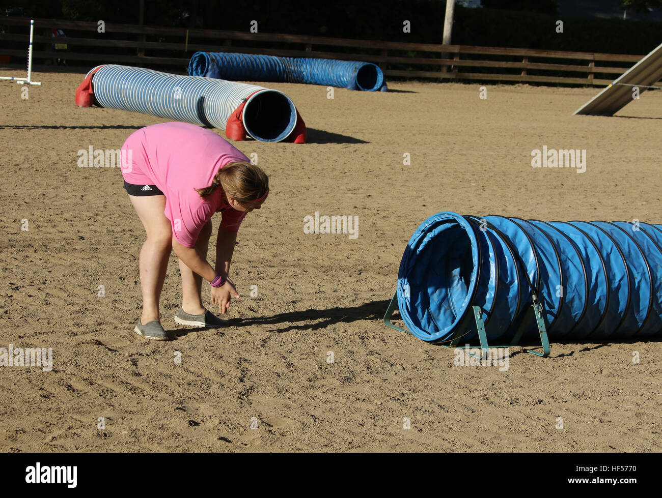 Teenage girl with dog on Dog Agility Course. Coaxing the dog out of the ...