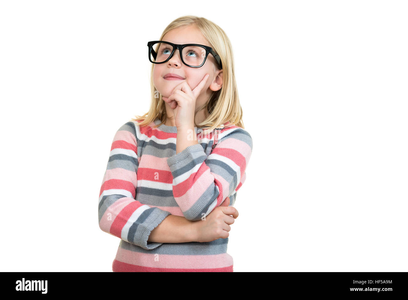 Adorable child in glasses thinking isolated on white Stock Photo - Alamy