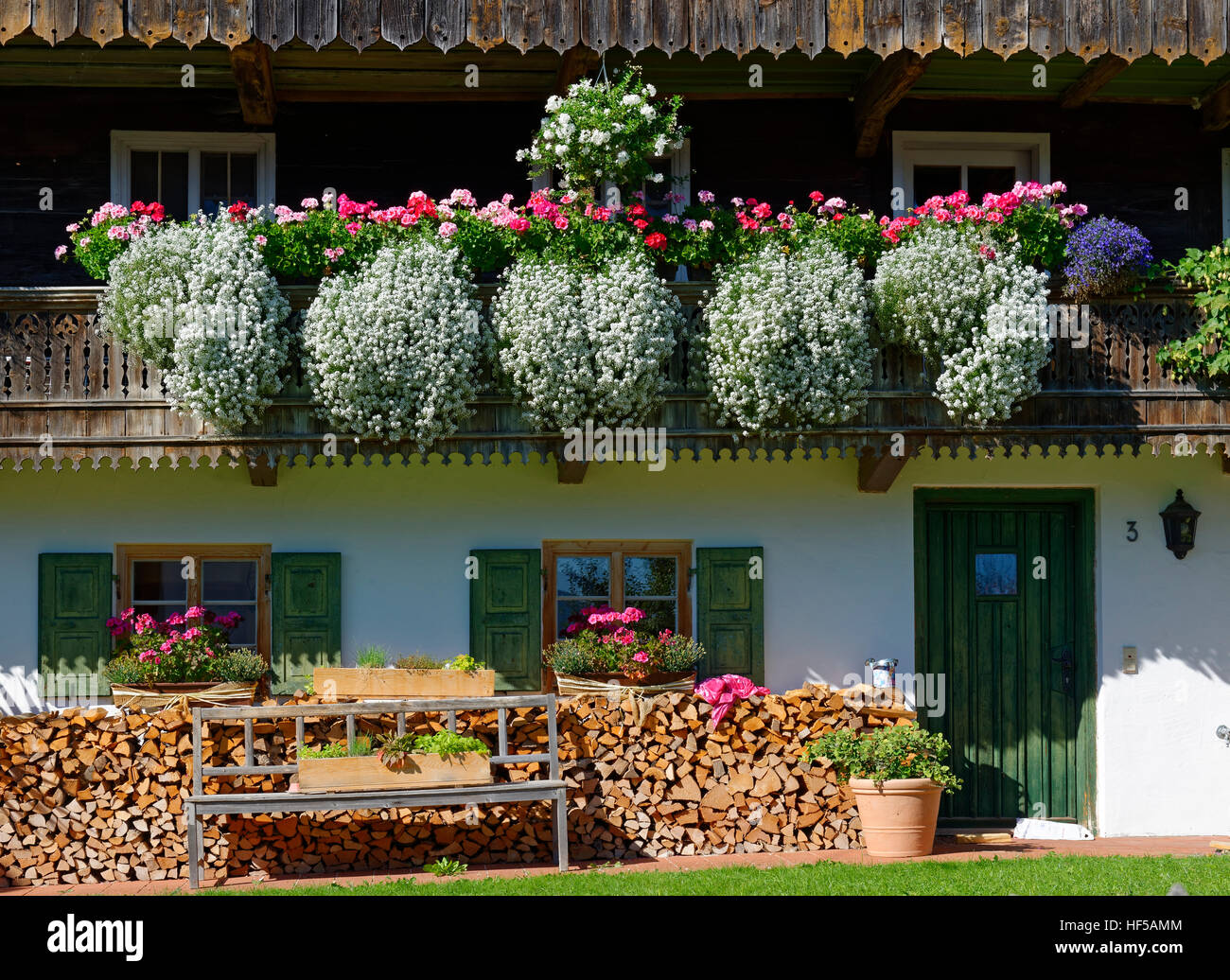 Flowers on farmhouse, Wackersberg, Isarwinkel, Upper Bavaria, Bavaria ...