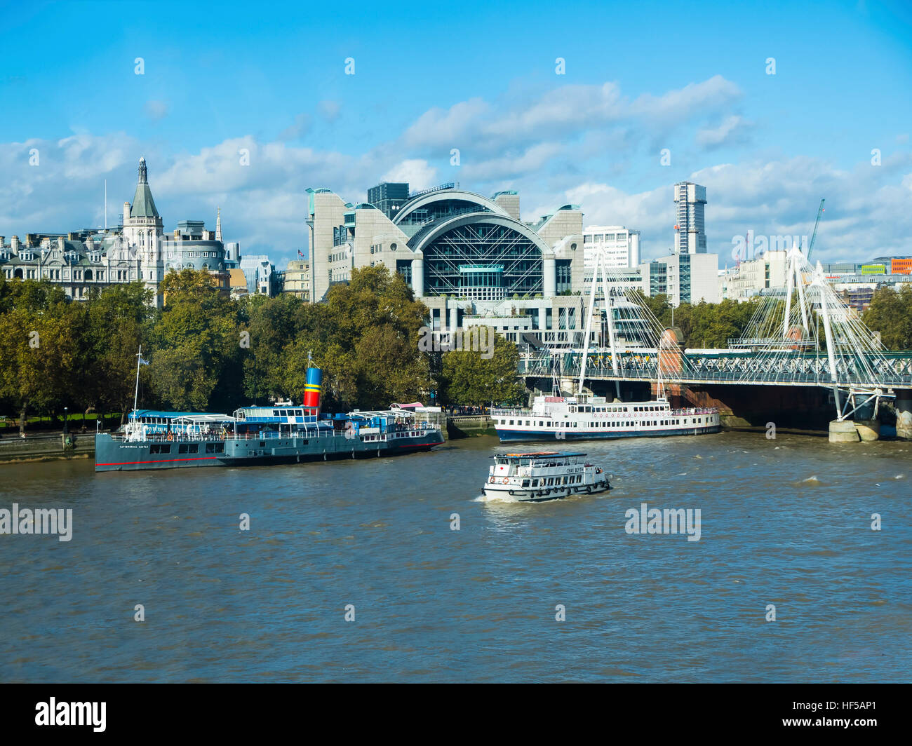 River Thames in front of Charing Cross station, boats, London, England ...