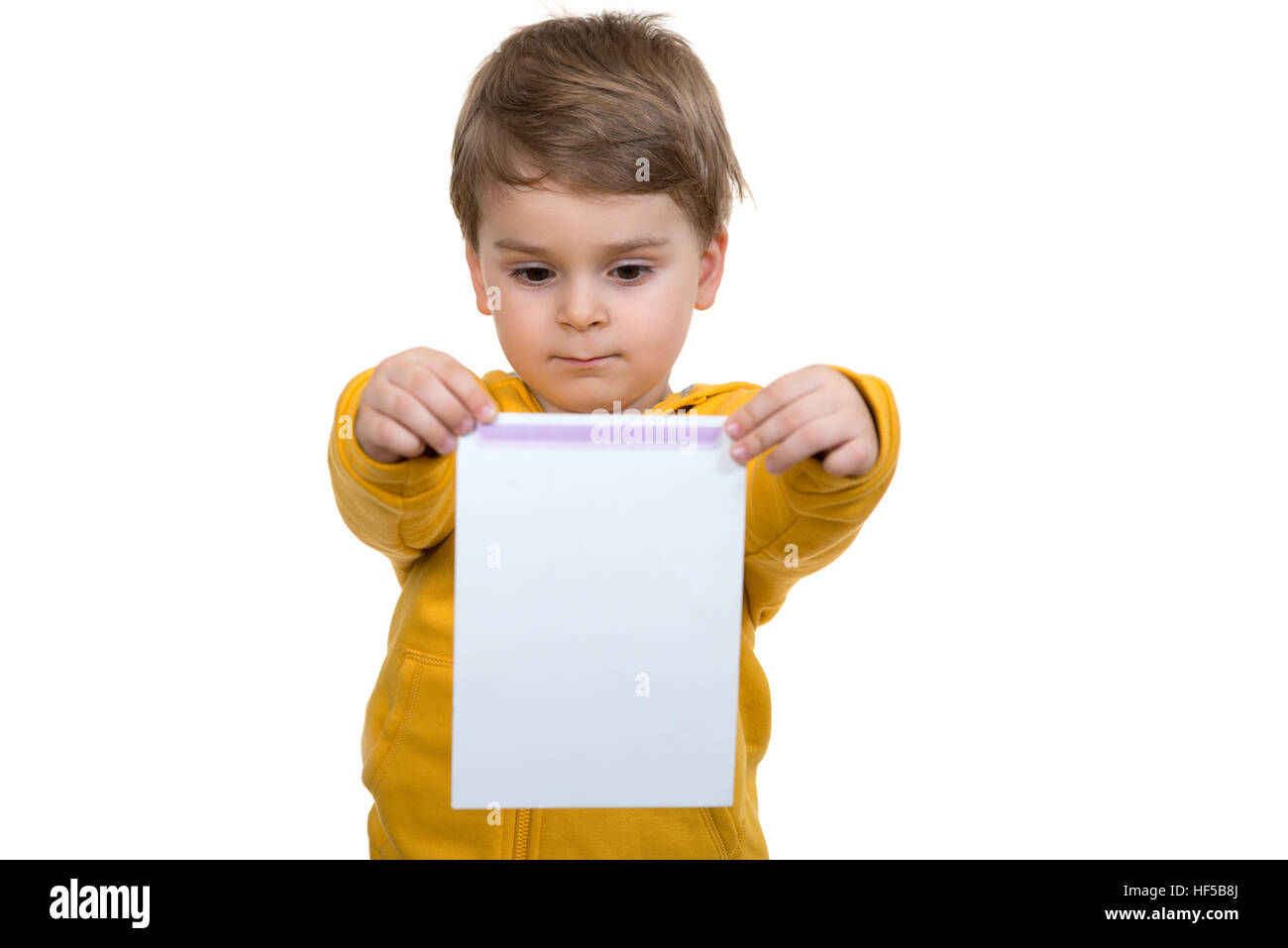 Little boy with empty blank isolated on white Stock Photo - Alamy