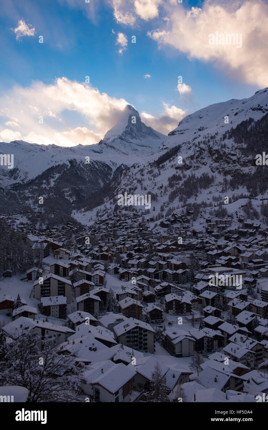 aerial view on zermatt valley and matterhorn peak at dusk with fresh ...