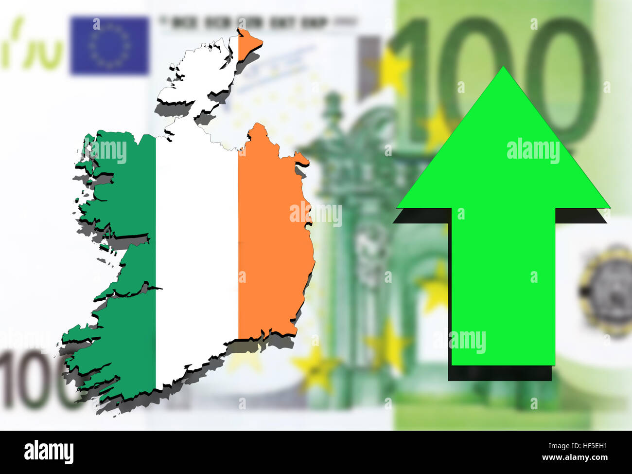 Ireland map on Euro money background and green arrow up Stock Photo - Alamy