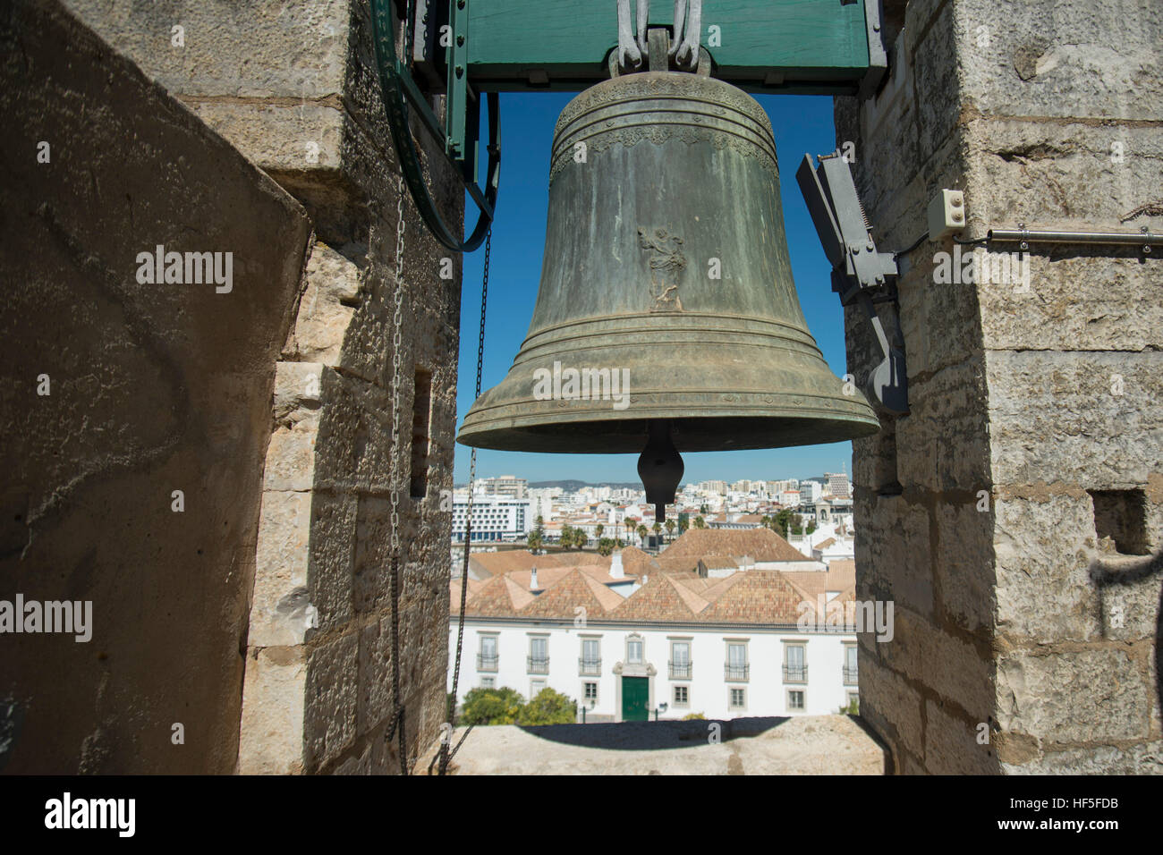 the clock tower of the Cathedral in the old town of Faro at the east ...