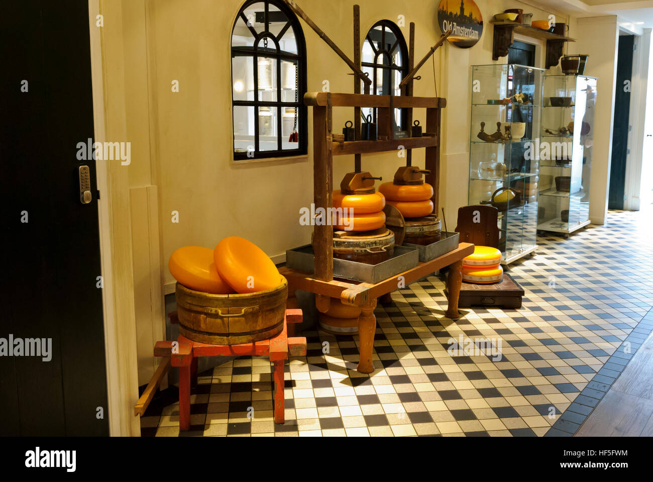 Dutch cheeses on display in a cheese factory in Volendam, Holland ...