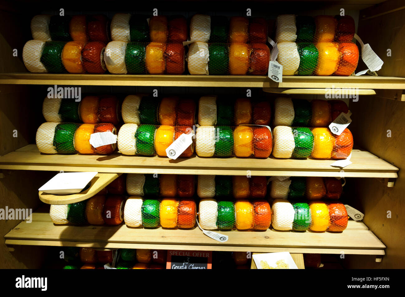 A large selection of Dutch cheeses on sale in a cheese factory in ...