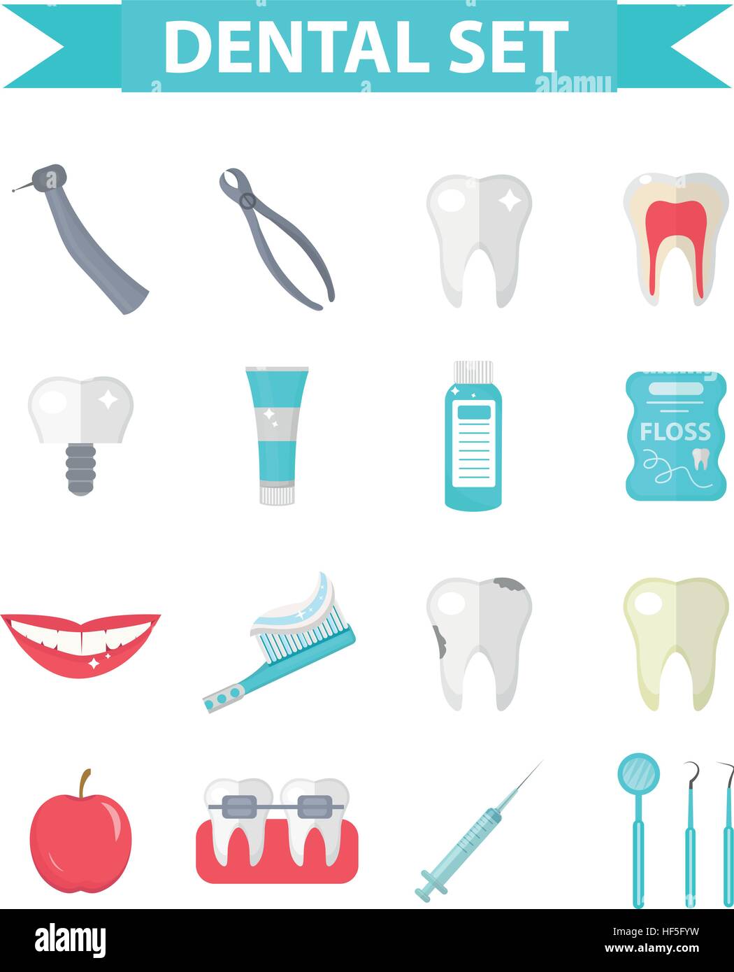 Dental icon set, flat style. Stomatology kit isolated on white ...