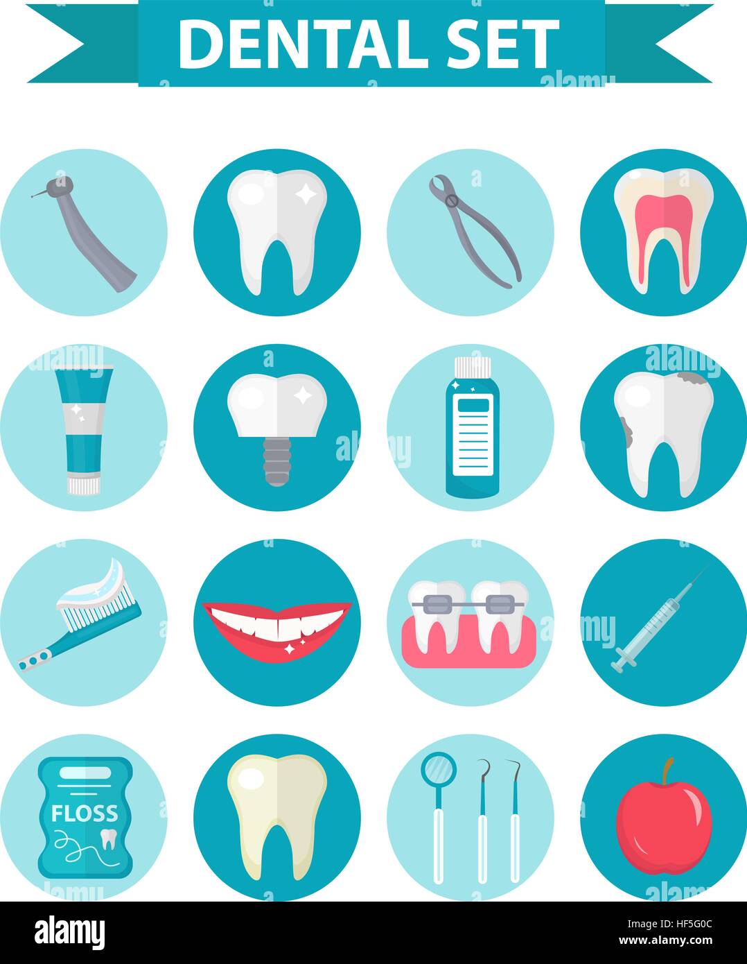 Dental icon set, flat style. Stomatology kit isolated on white ...