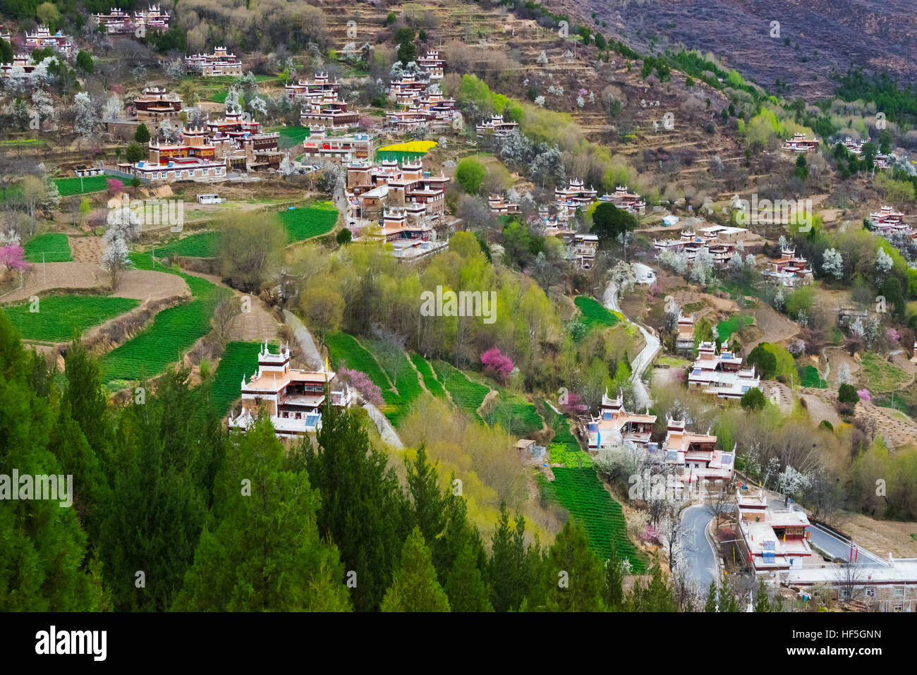 Jiaju Tibetan village with farmland in the mountain, Danba, Sichuan Province, China Stock Photo ...
