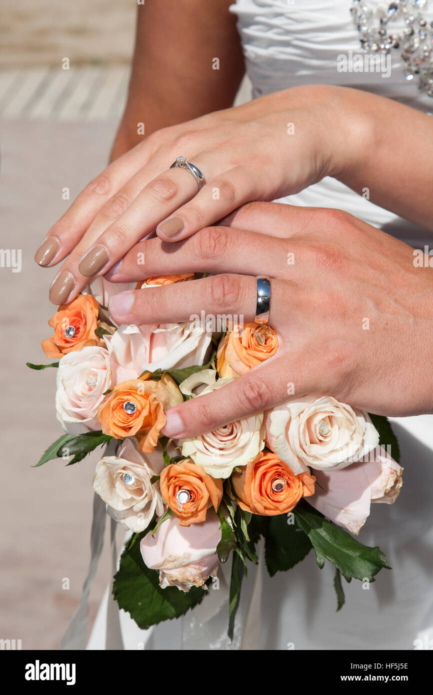 hands of wedding couple, shows his rings Stock Photo - Alamy