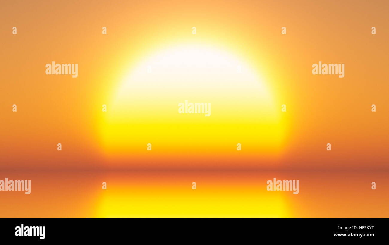 A background with bright yellow big sun on edge of horizon over water ...