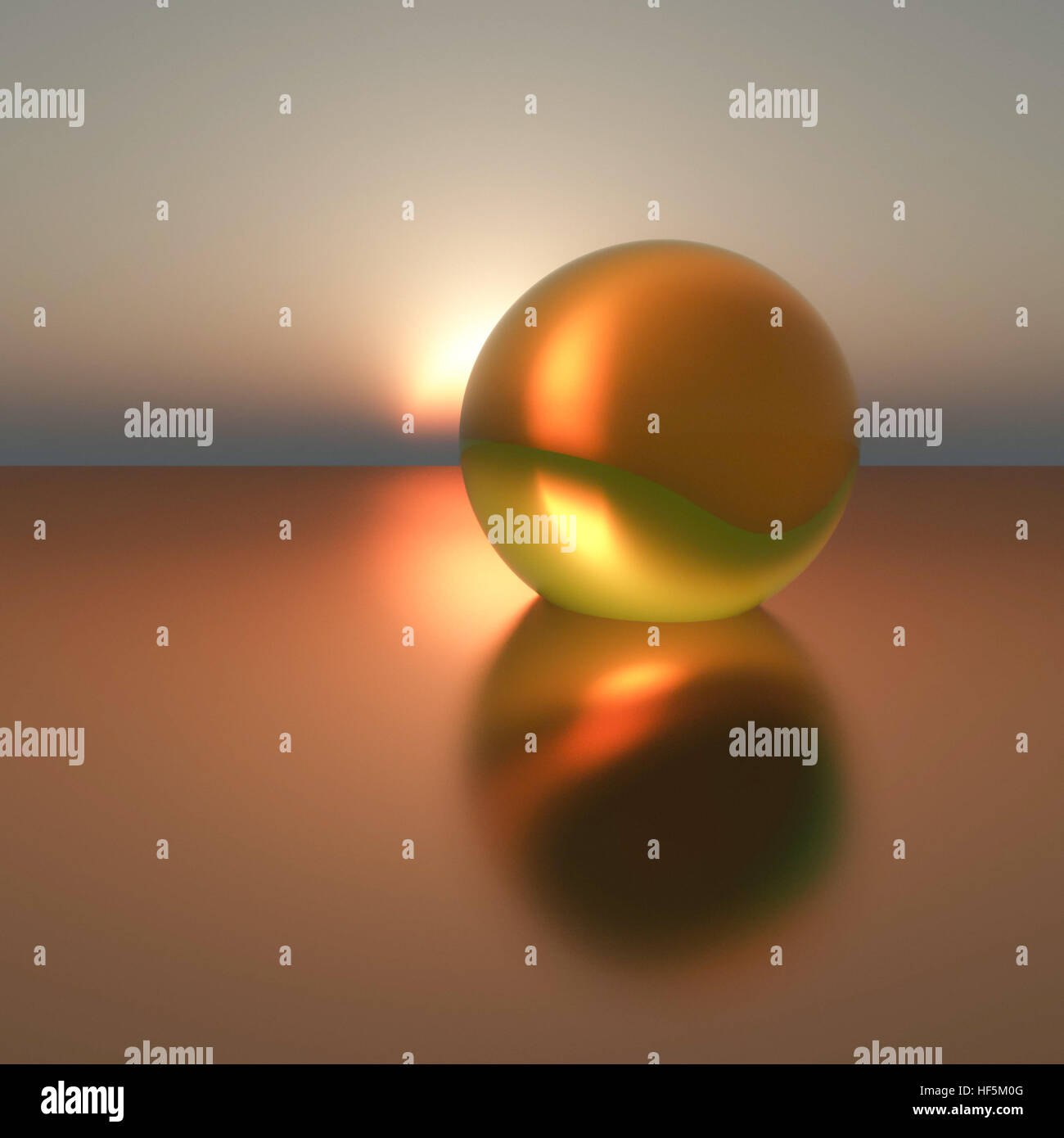 An abstract background with gold pearl on calm sea sunset, 3d ...