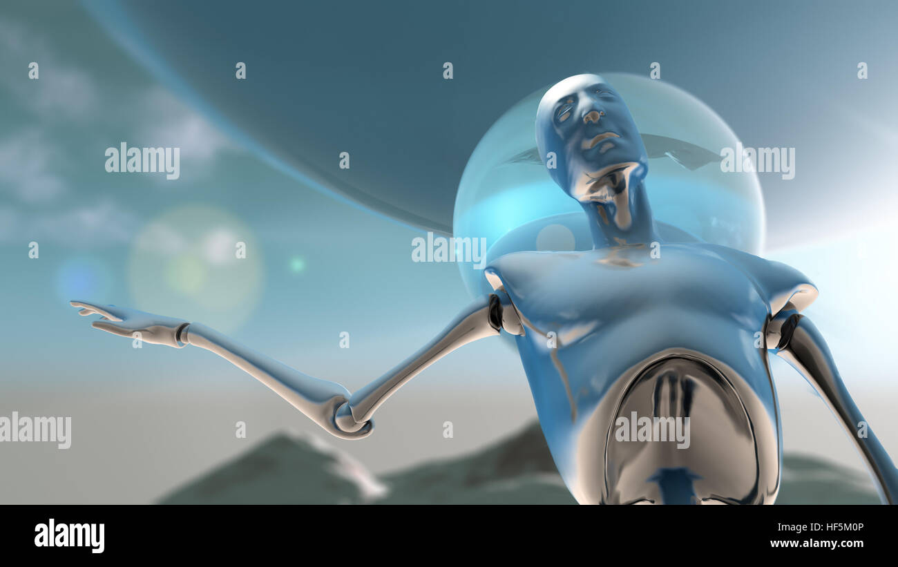 A silver robot against a planetoid background in position of asking a ...