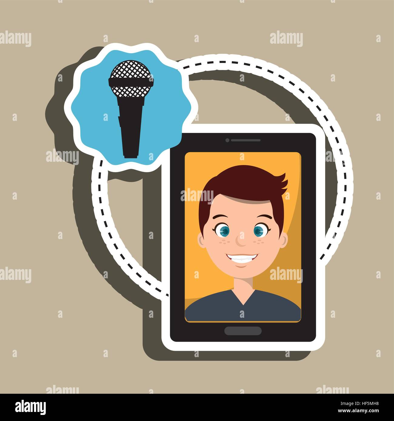 man cartoon smartphone microphone red background vector illustration ...
