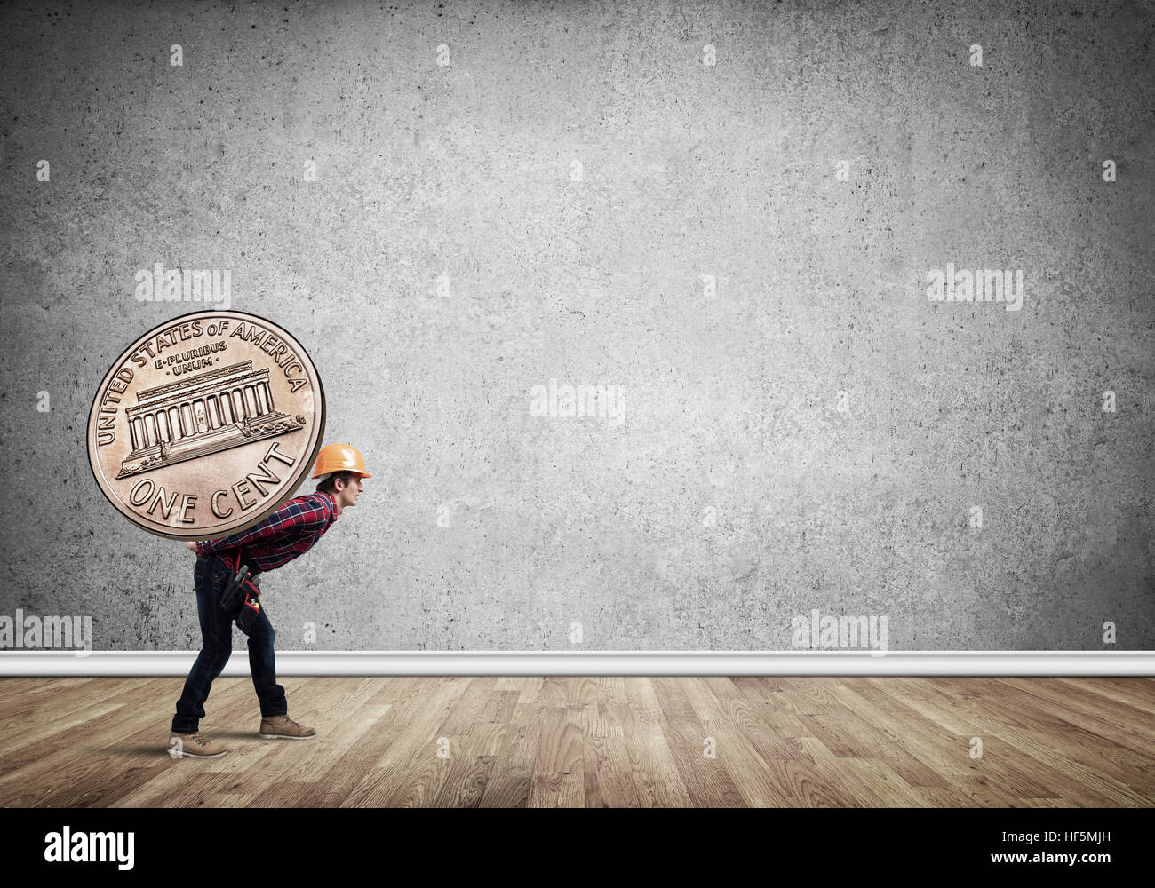 Builder man carry coin Stock Photo - Alamy