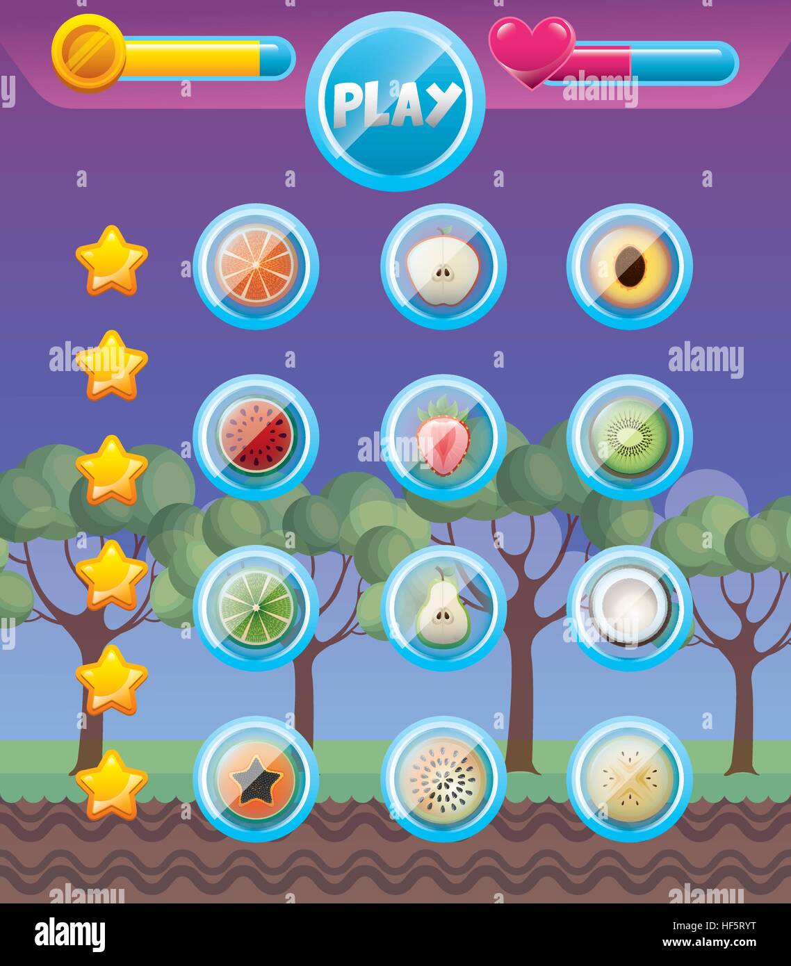 video game interface with stars and fruits icons. colorful design ...