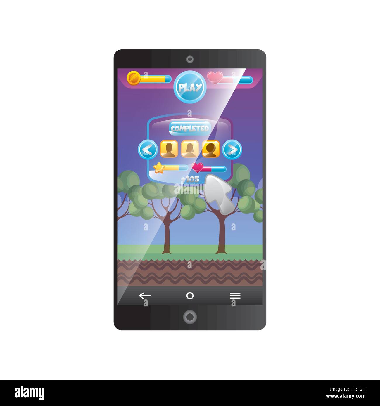 smartphone device with video game interface over white background ...