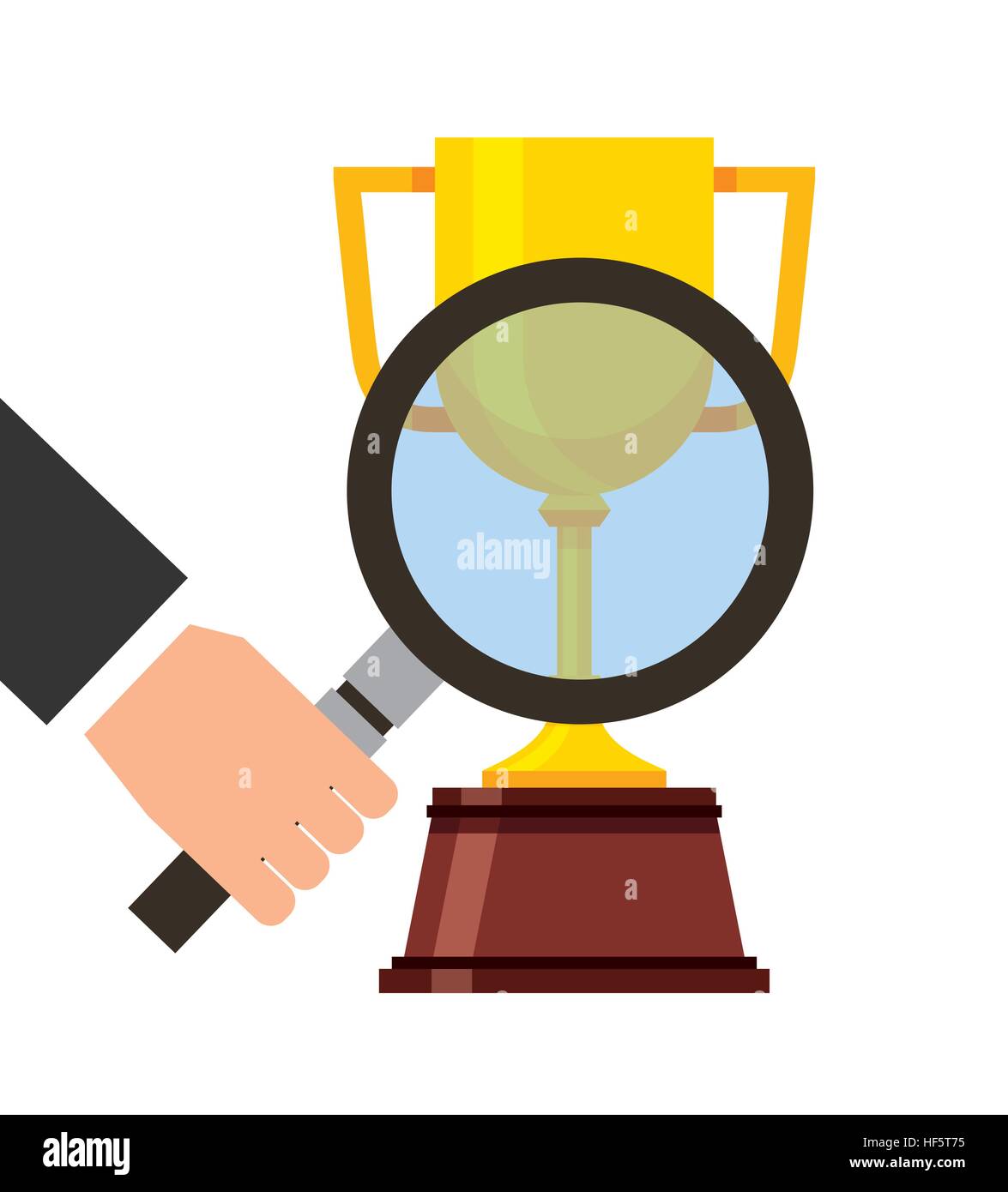 hand holding a magnifying glass and gold trophy icon over white ...