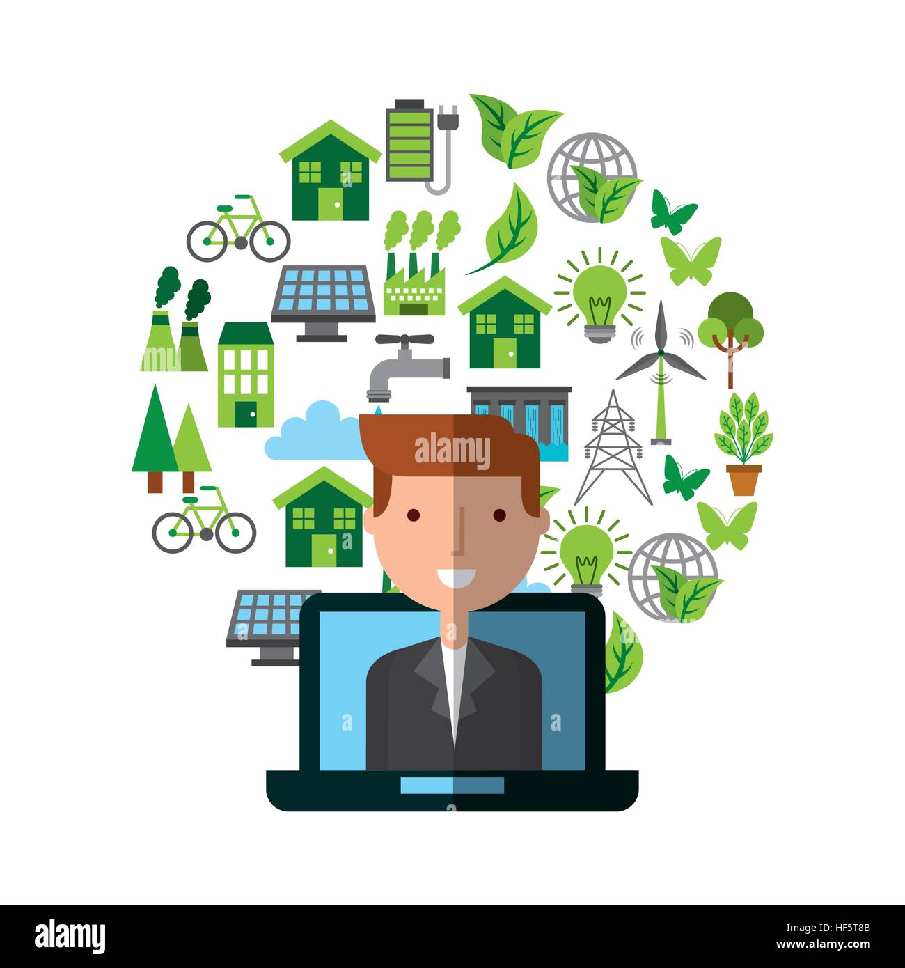 laptop computer with cartoon man on screen and ecology icons around ...