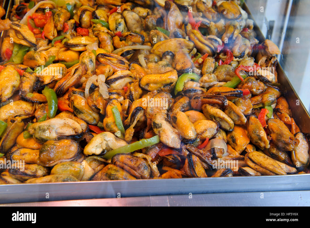 Fried mussels on sale in a seafood shop in Volendam, Holland ...