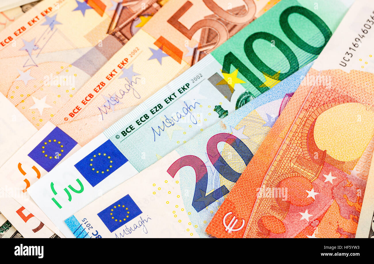 Background from different euro banknotes close up Stock Photo - Alamy