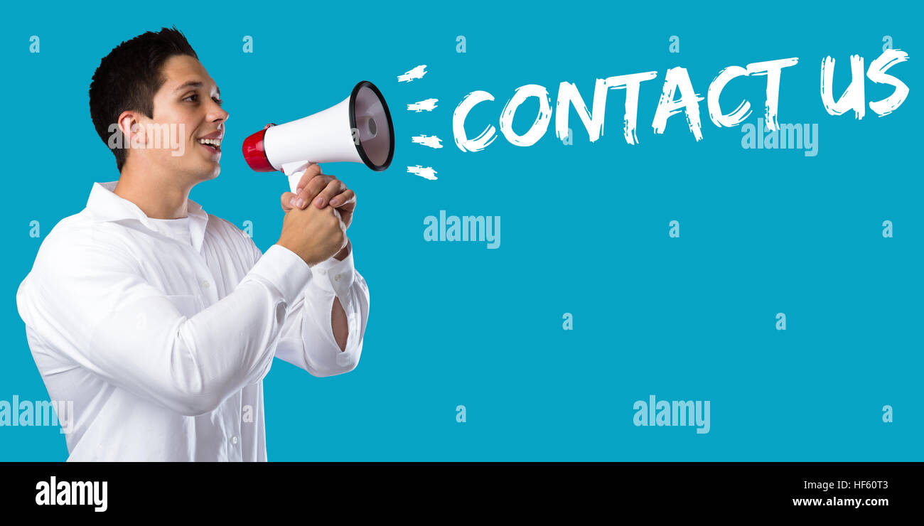 Contact us assistance support customer service help young man megaphone ...