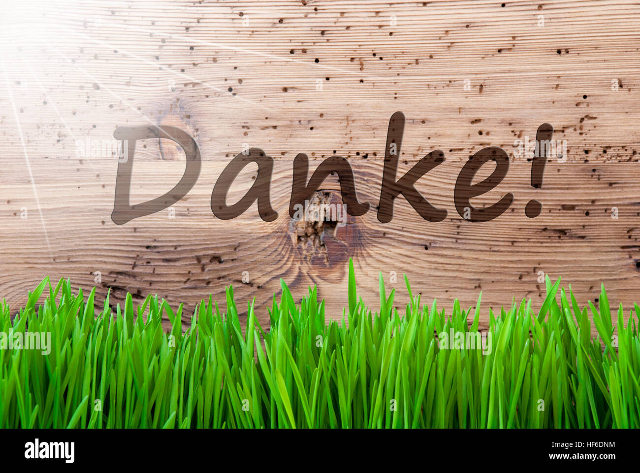 Bright Sunny Wooden Background, Gras, Danke Means Thank You Stock Photo ...