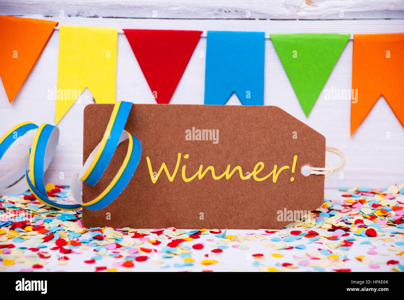 Party Label With Streamer, Text Winner Stock Photo - Alamy