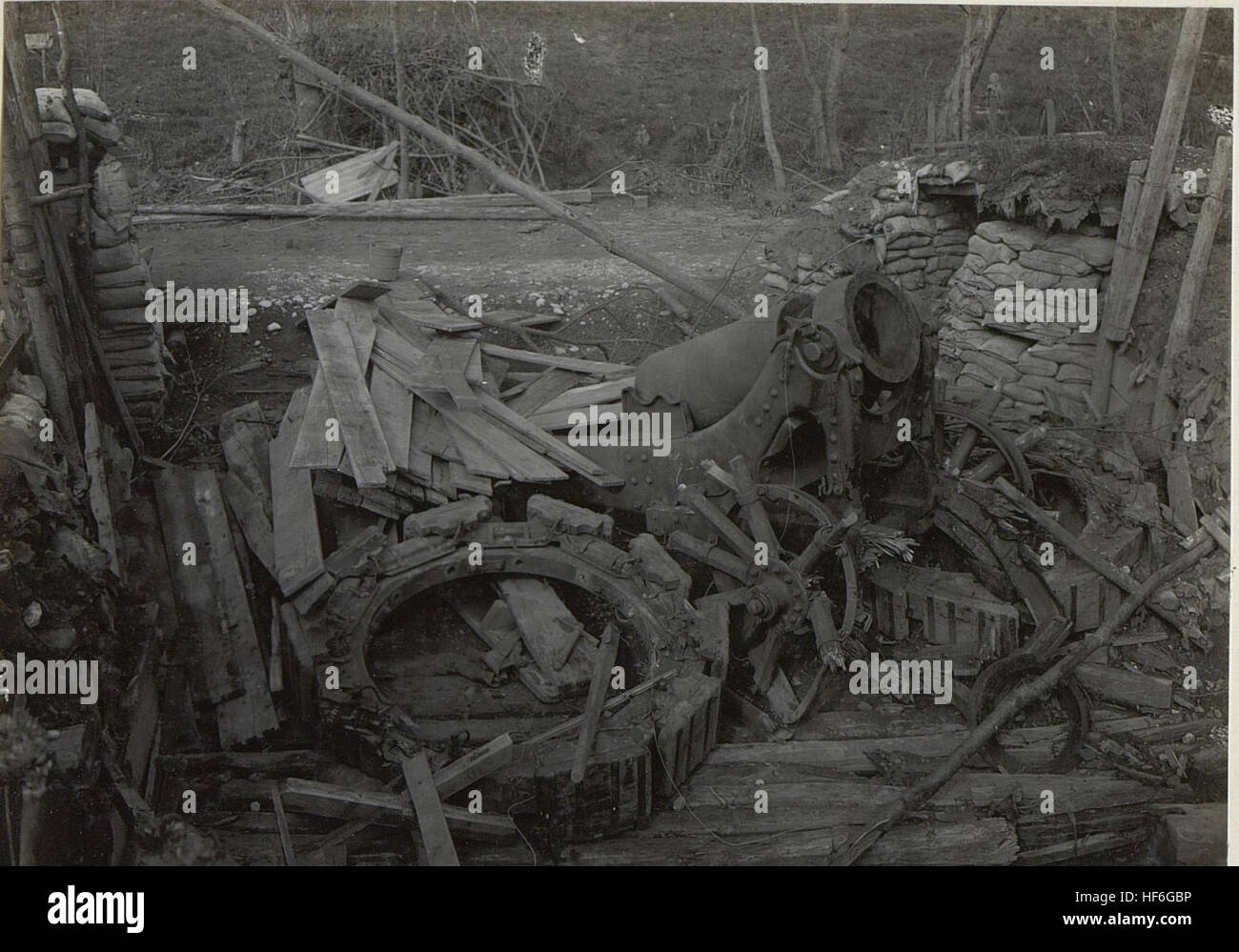 A photograph of a destroyed 28 cm mortar in the Mulle position of San ...