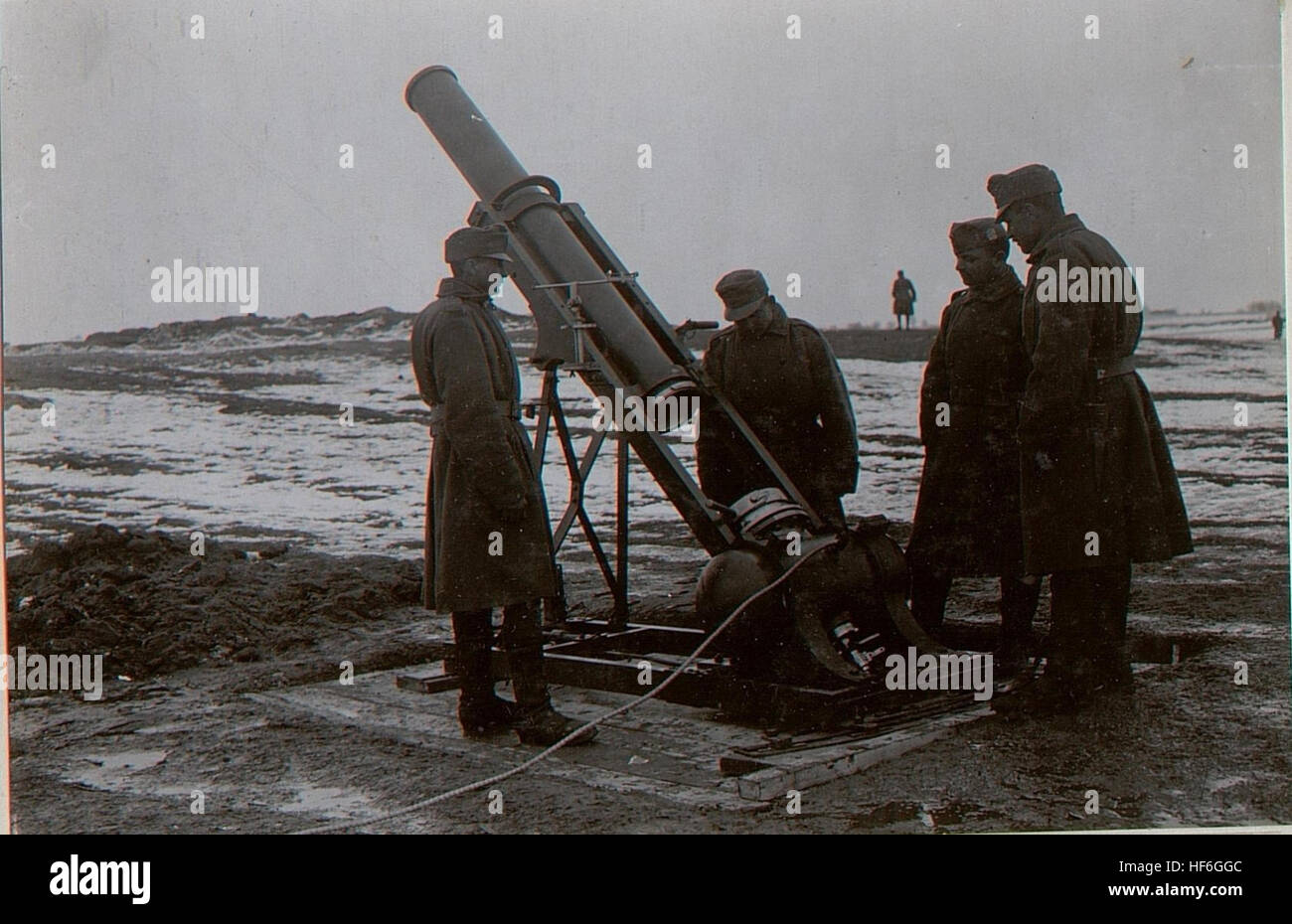 A photograph from World War I showing the 20 cm airborne mortar ...