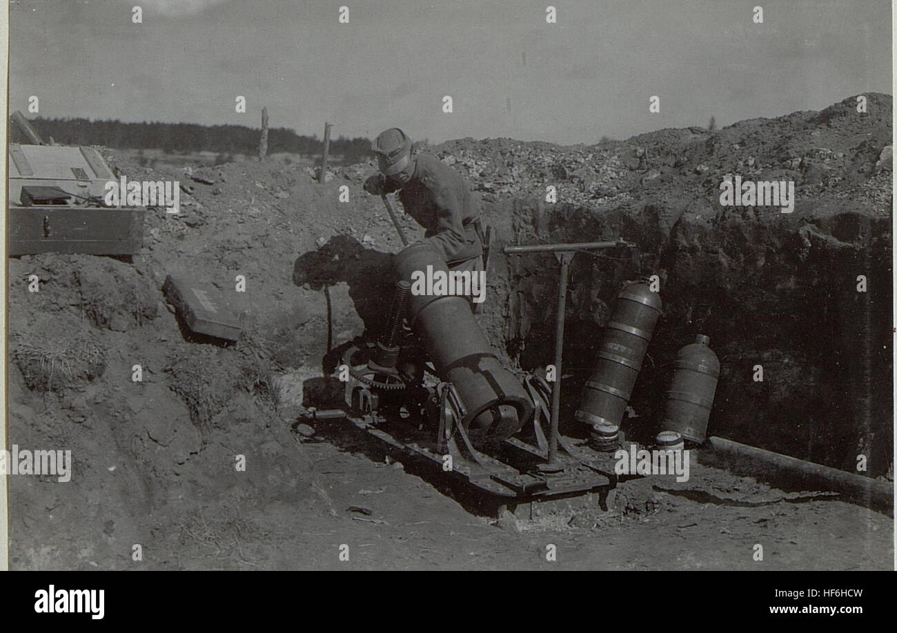 A military course on 22 cm mortar guns used during World War I, showing ...