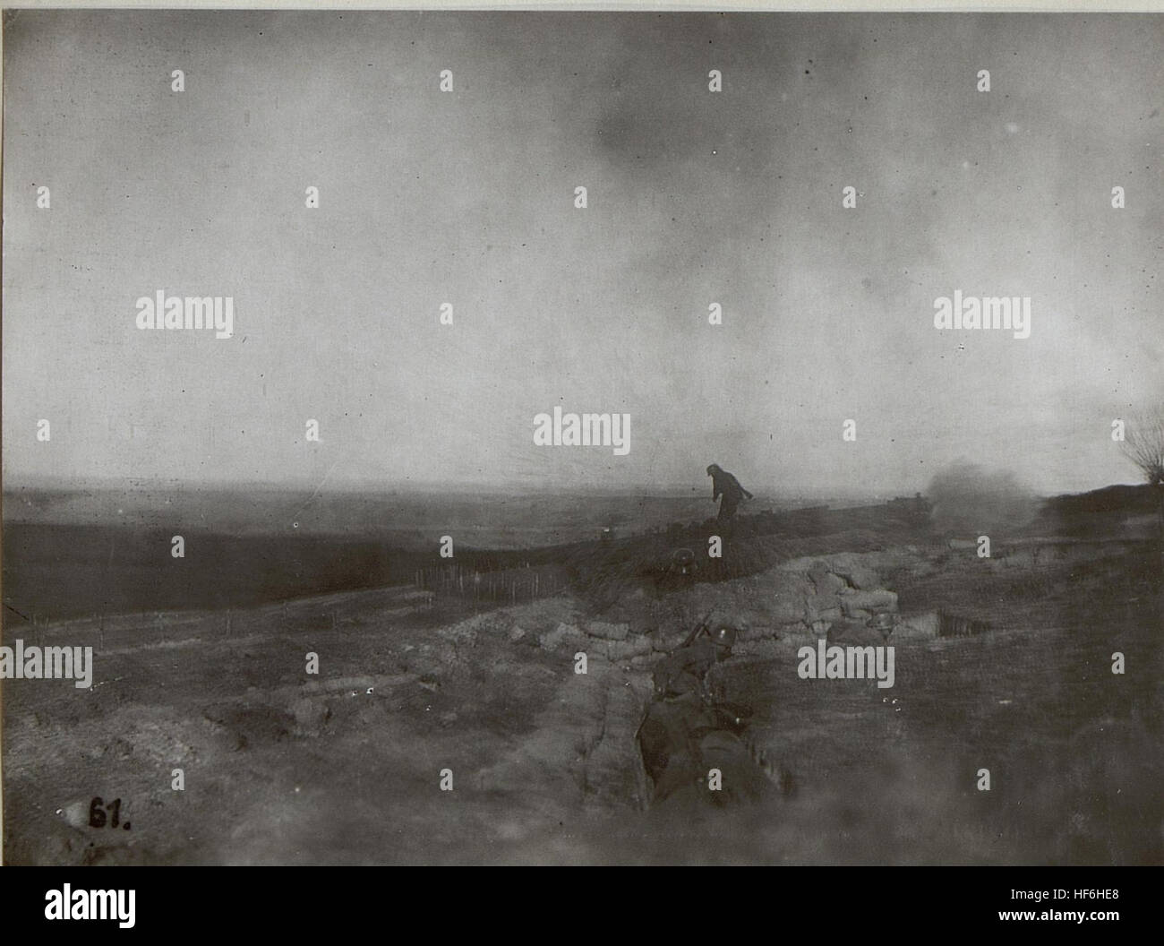 The explosion of a double row of barbed wire during World War I ...