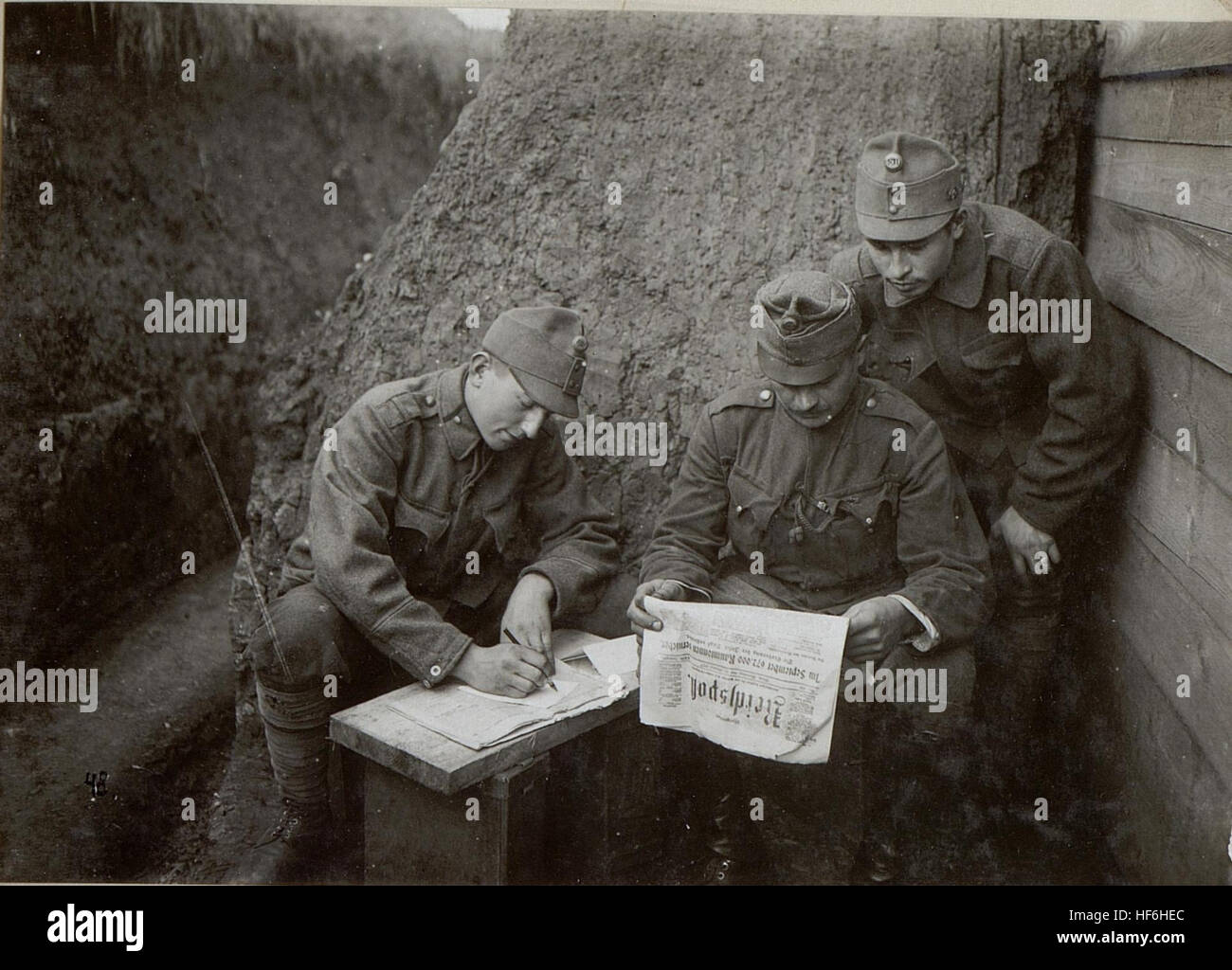 A photograph showing soldiers during a rest period in a trench on the ...