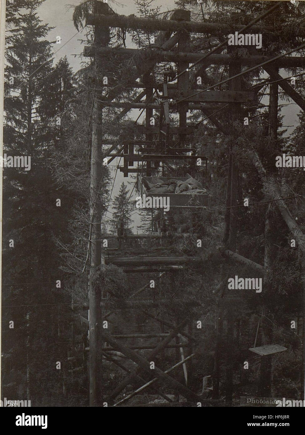 A cable car transporting wounded soldiers during World War I, captured ...
