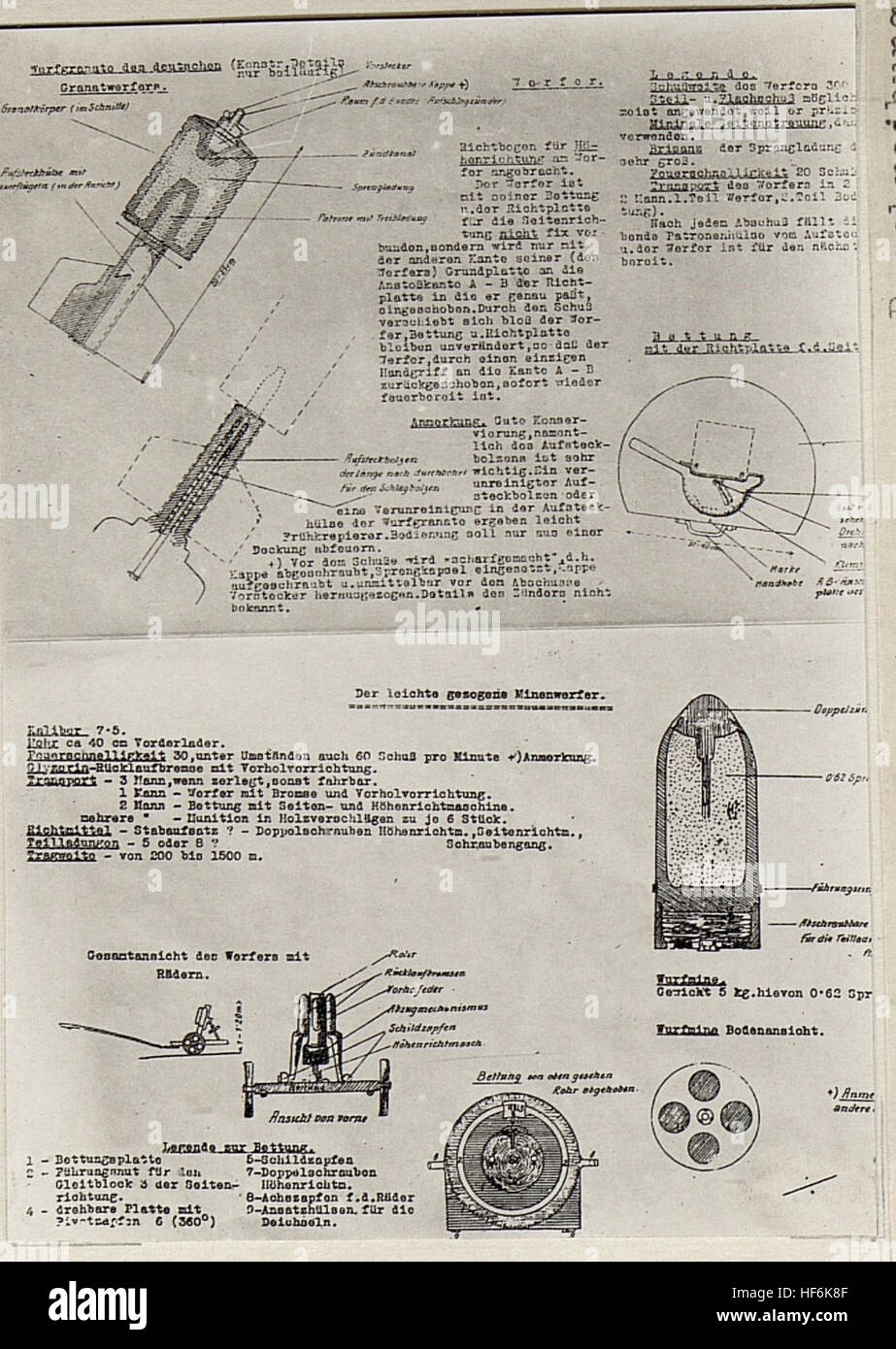 A wartime document detailing the description of mortar shells used in ...