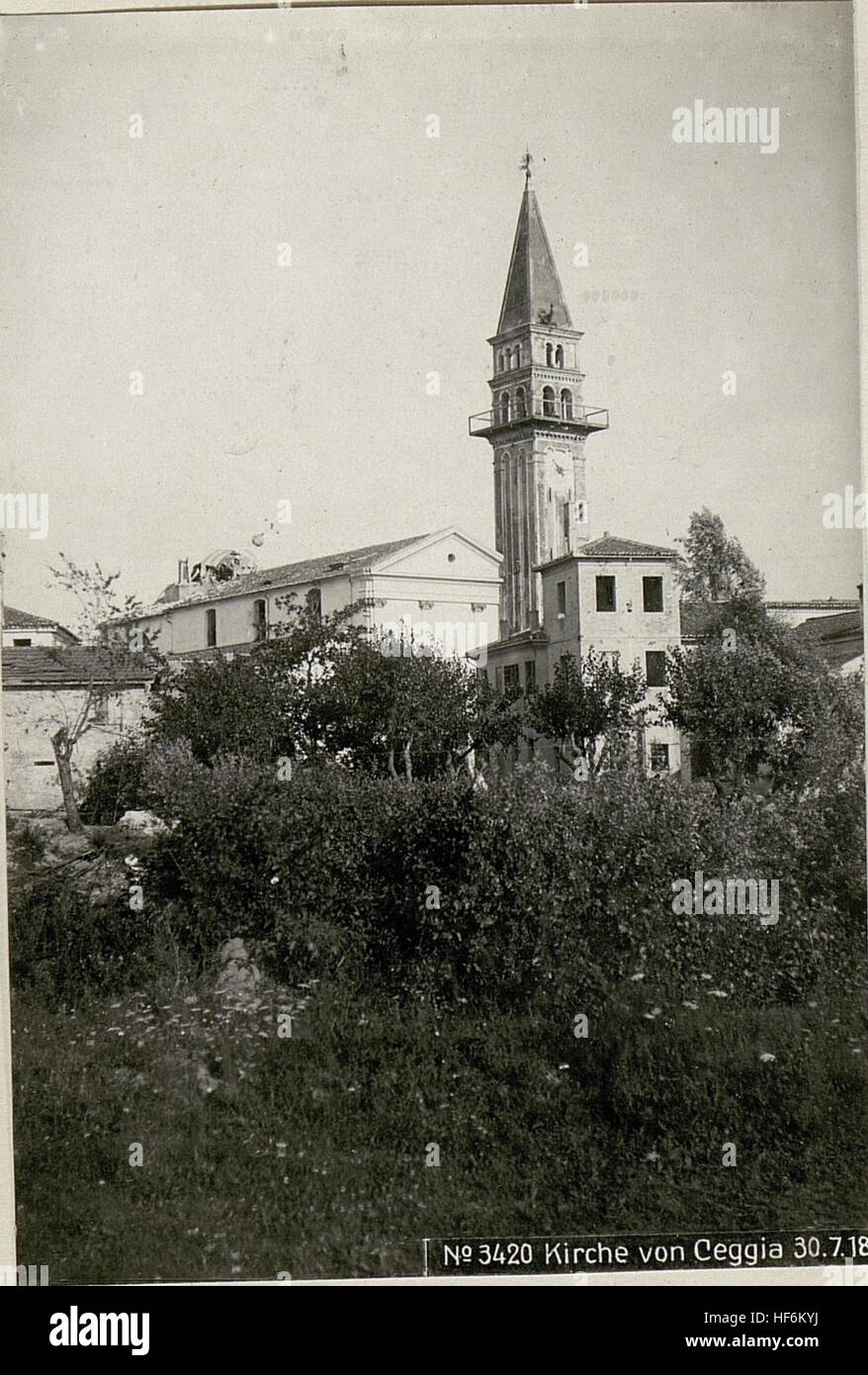 A photograph of the Church of Ceggia, captured on July 30, 1918, during ...