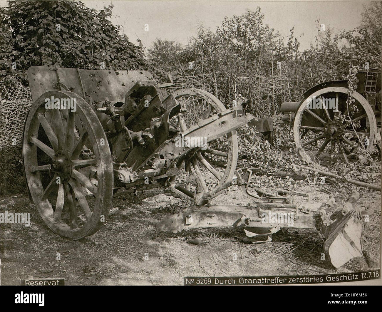 Reserve artillery piece destroyed by shell hit, July 12, 1918, WWI ...