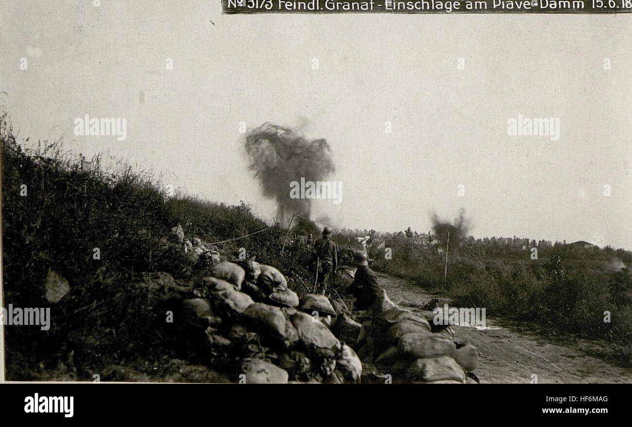 A photograph of enemy shell impacts at the Piave Dam, taken on June 15 ...