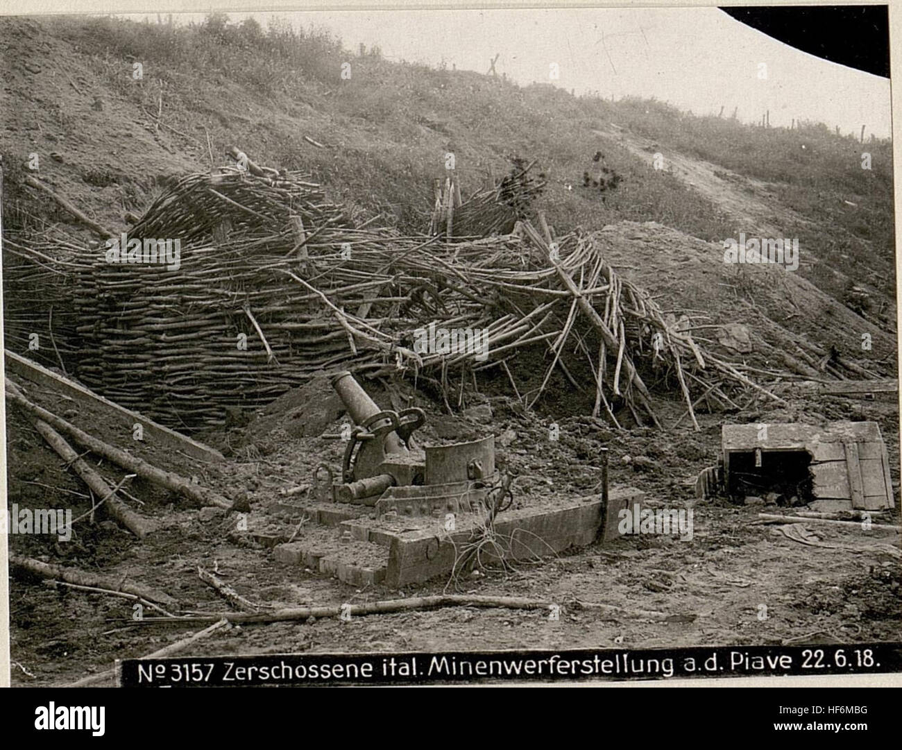 A photograph of a destroyed Italian mortar position on the Piave River ...