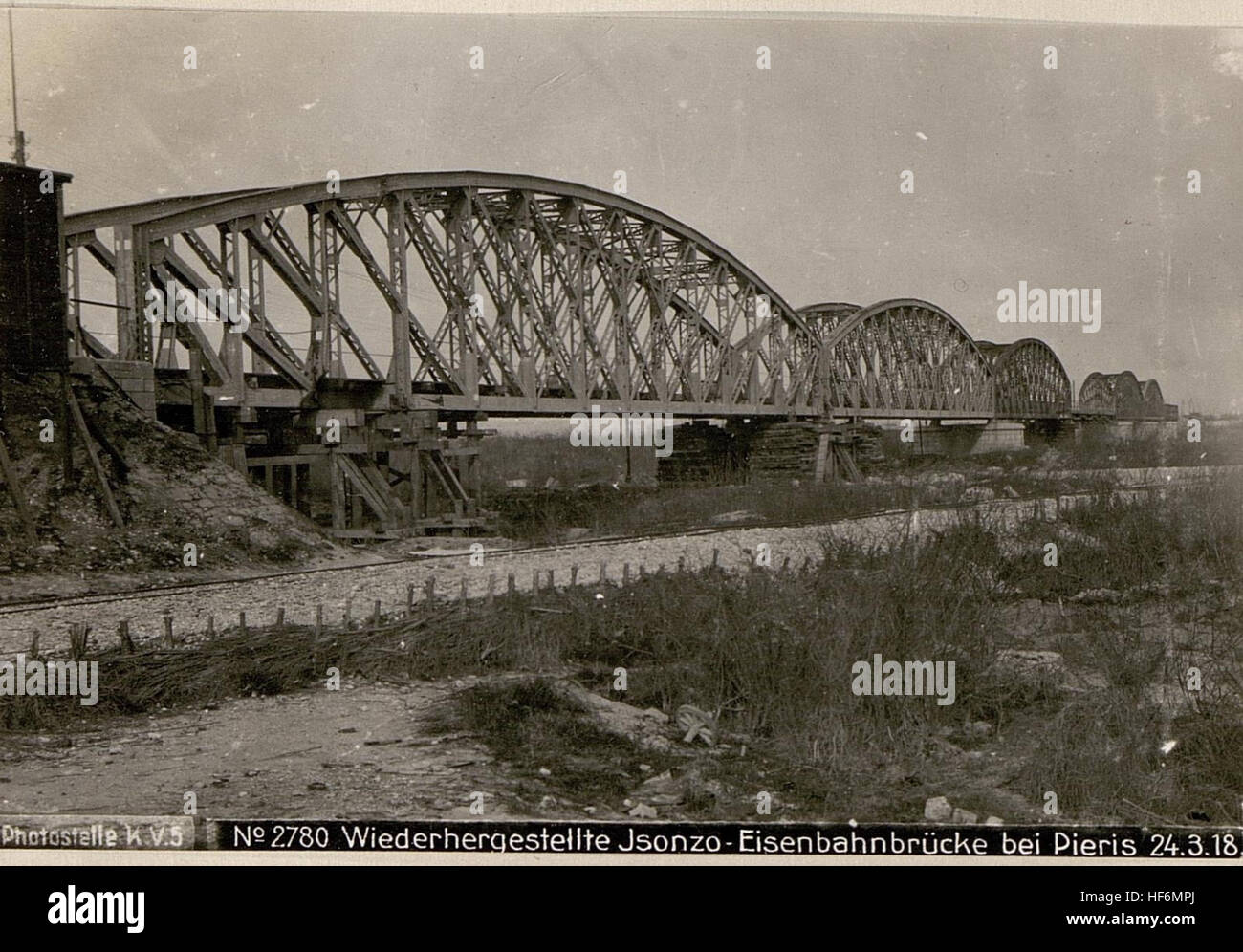 A photograph showing the restored Isonzo railway bridge at Pieris on ...