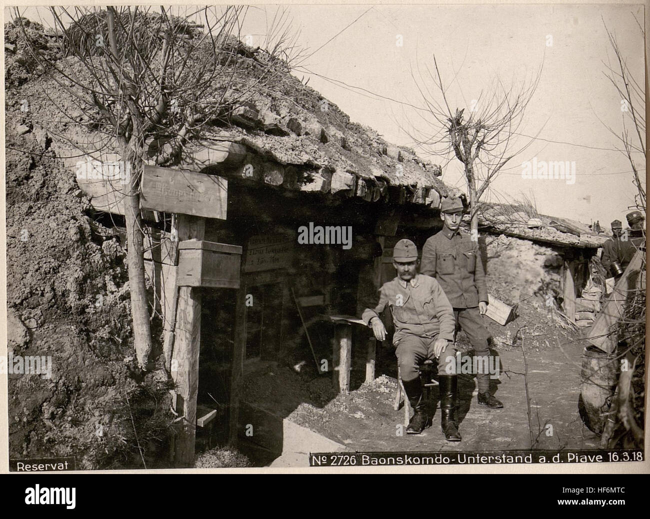 A wartime photograph showing a battalion command shelter on the Piave ...