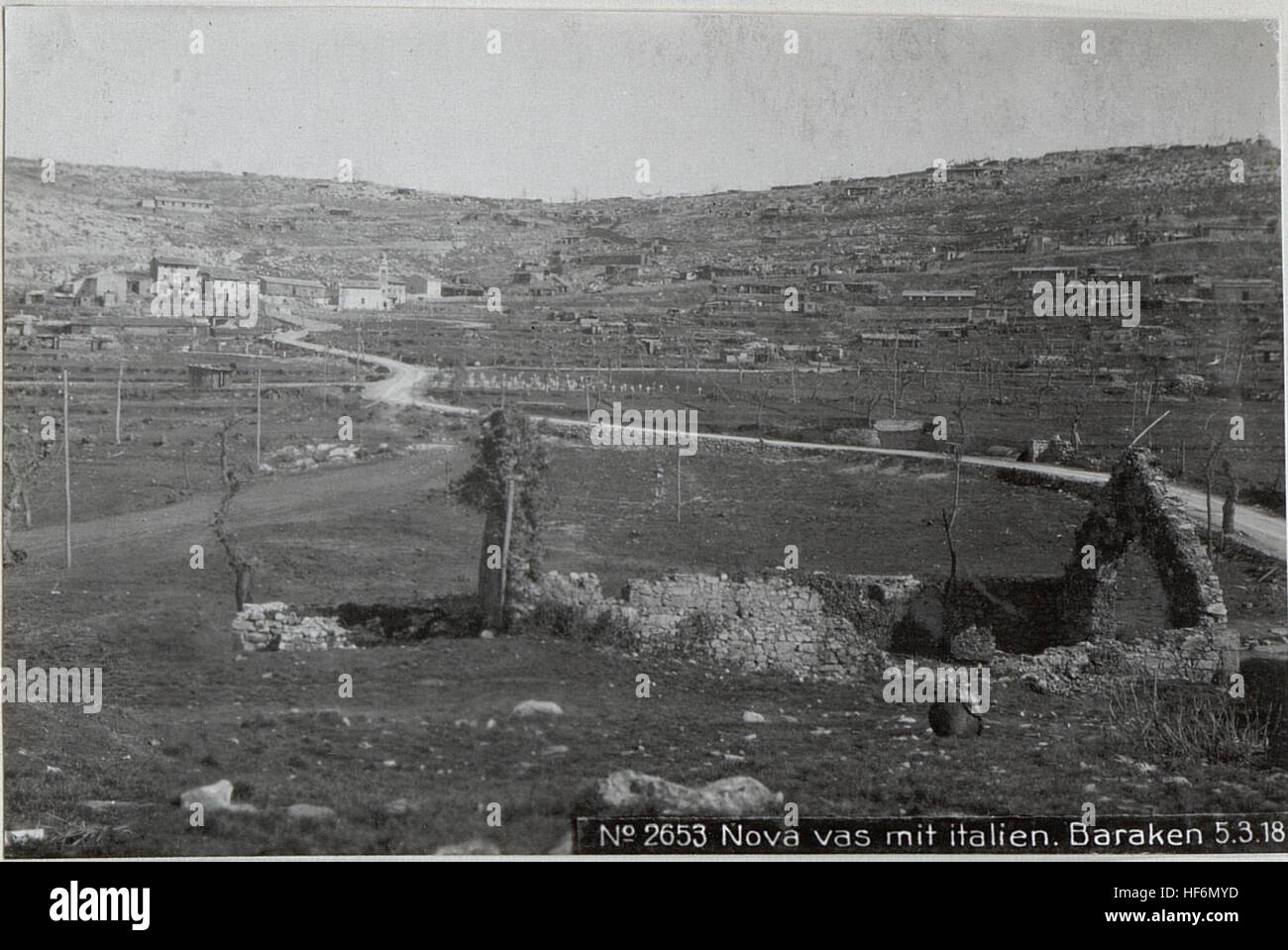 A photograph taken on March 5, 1918, showing the Italian barracks in Nova Vas, Italy, during ...