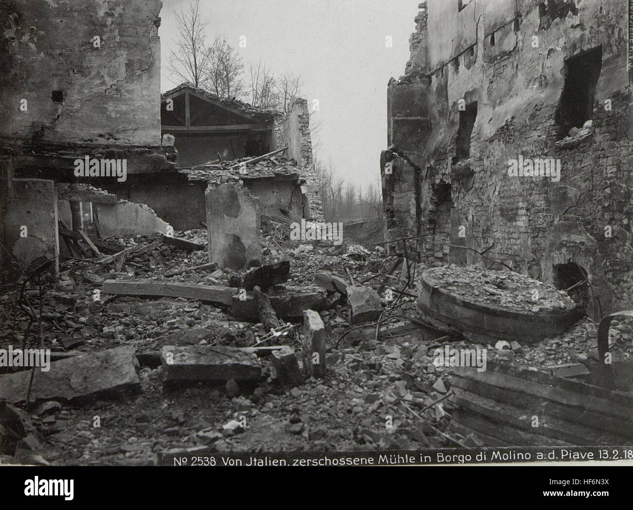 Destroyed mill in Borgo di Molino on the Piave River, February 13th ...