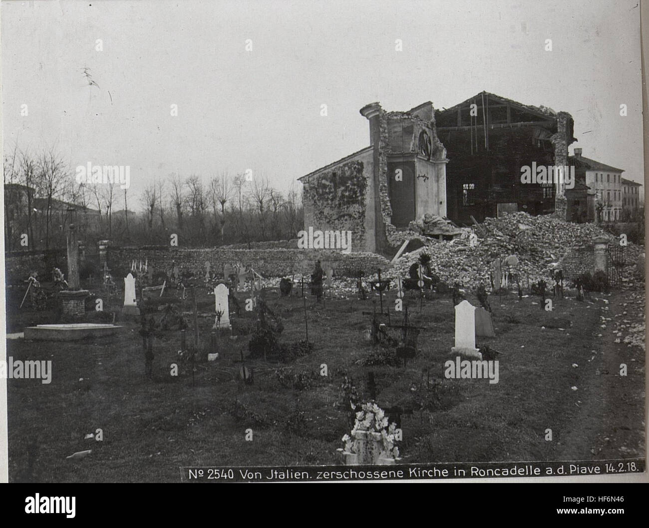A photograph of a destroyed church in Roncadelle on the Piave Front ...