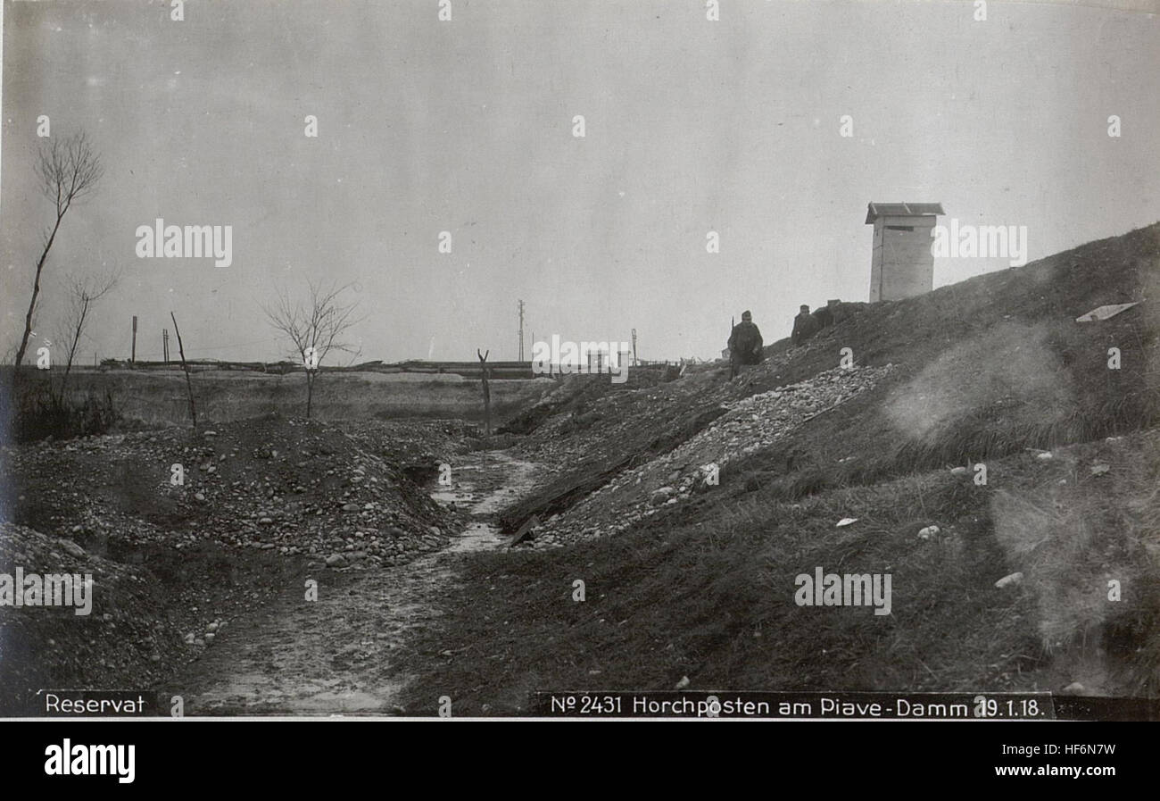 A photograph showing a sentry post at the Piave Dam on January 19, 1918 ...